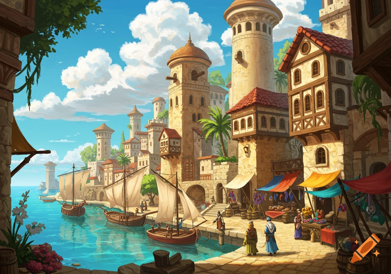 Vibrant illustration of a fantasy harbor town with boats, towers, and ...