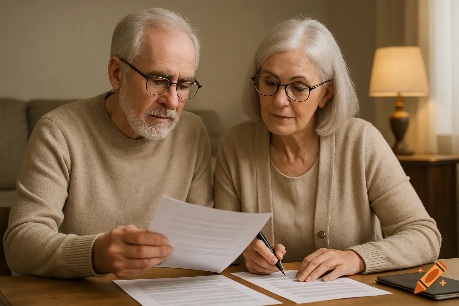 Older couple reviewing documents at a table on Craiyon