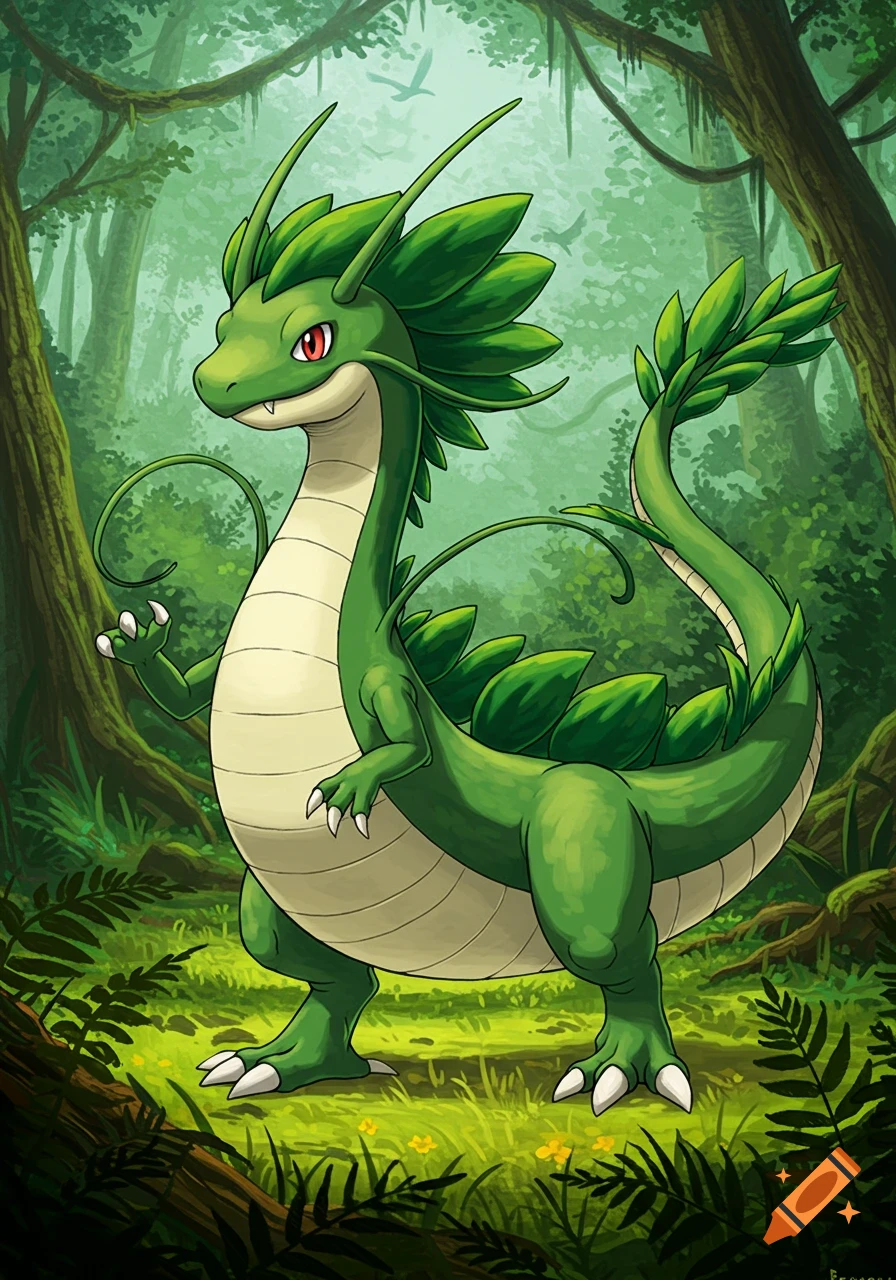 A green grass dragon creature stands in a lush forest, digital ...