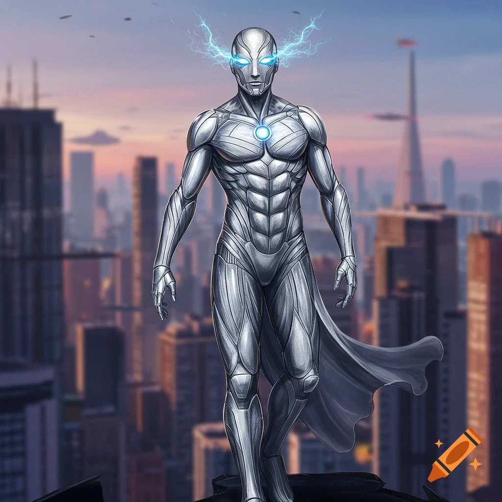 A metallic superhero with lightning emanating from their eyes stands ...
