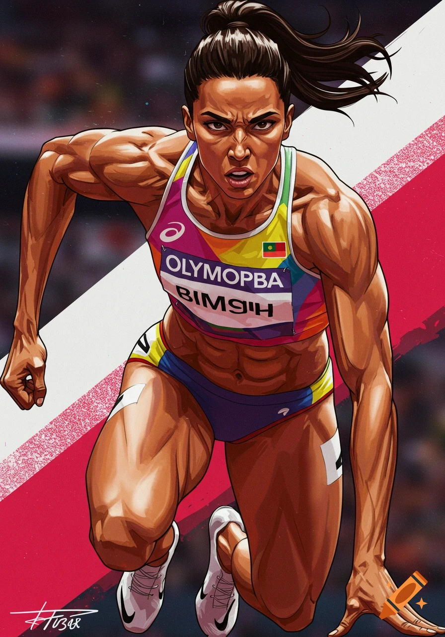 Stylized illustration of a muscular female track athlete in a starting ...