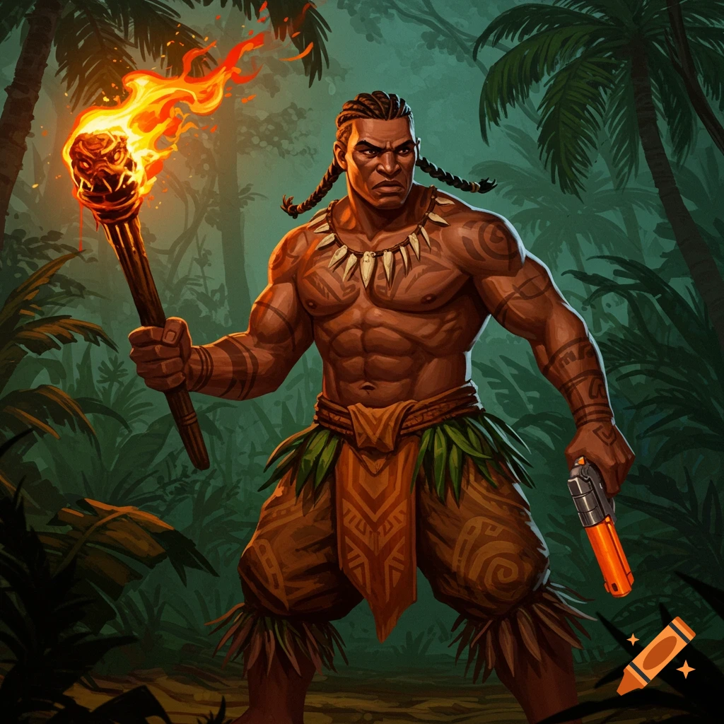 Muscular man with tribal tattoos holds a flaming torch and a pistol in ...