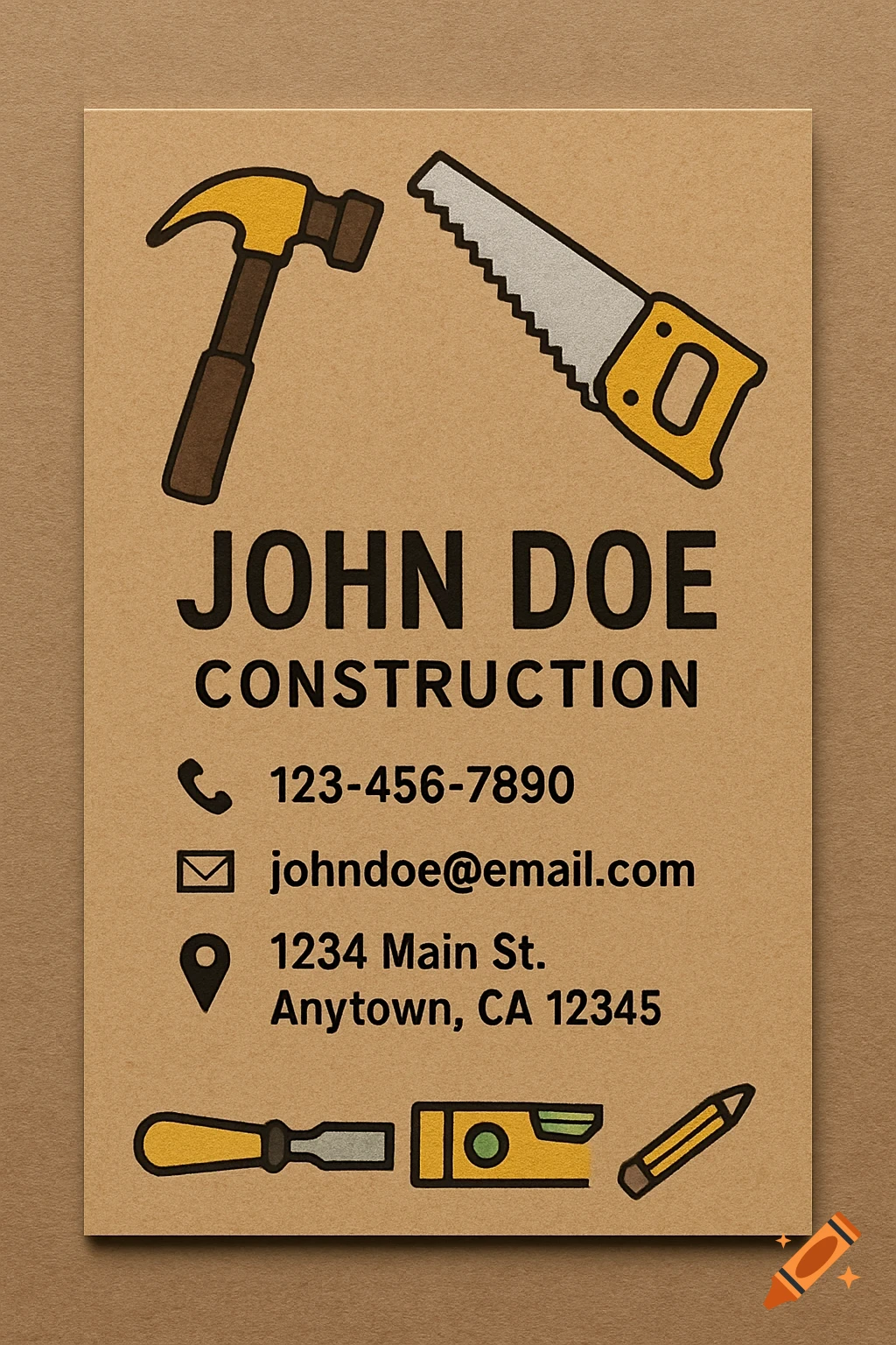 A construction business card with illustrations of tools and contact ...