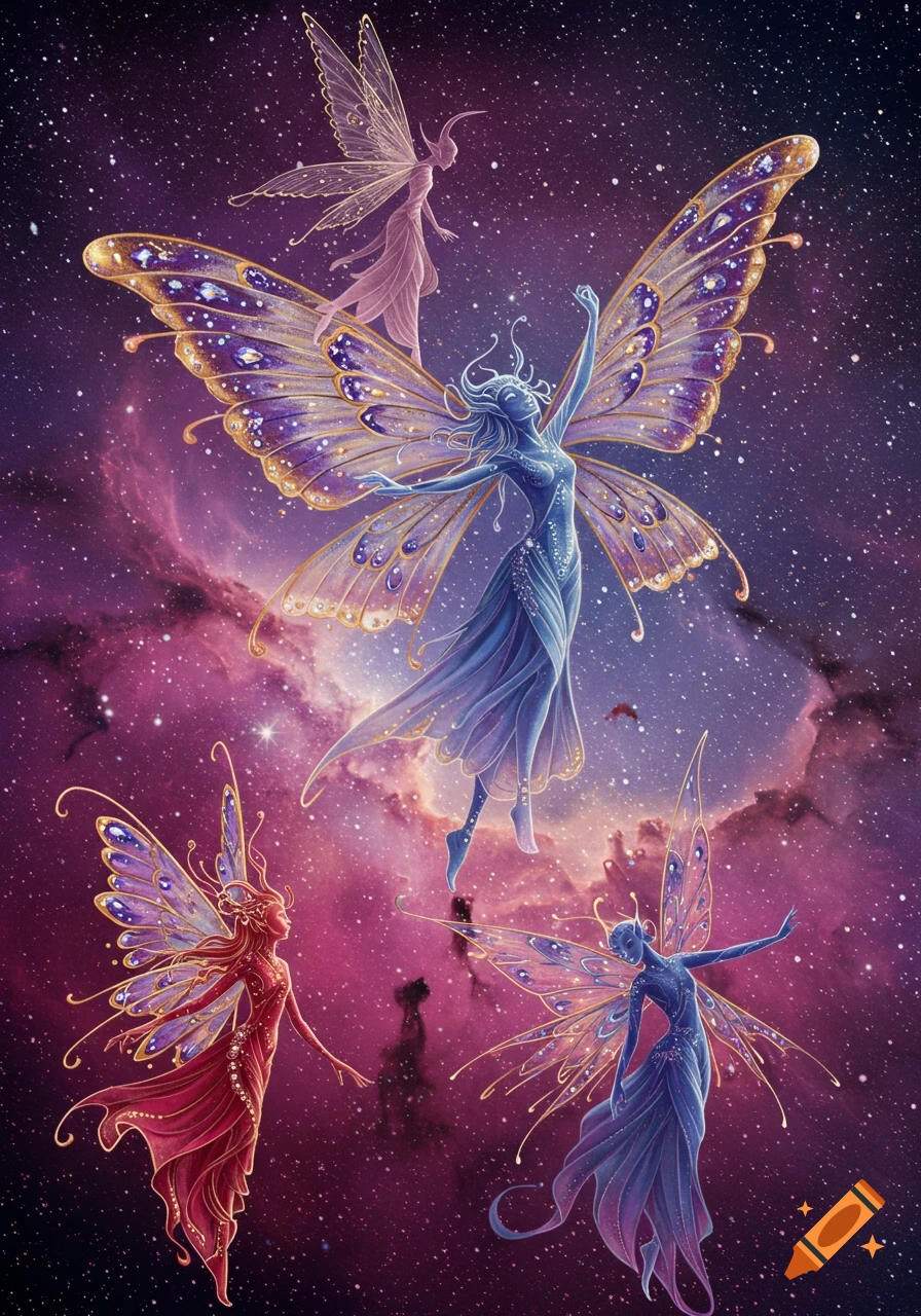 Four fairies with butterfly wings float in a starry purple and pink ...