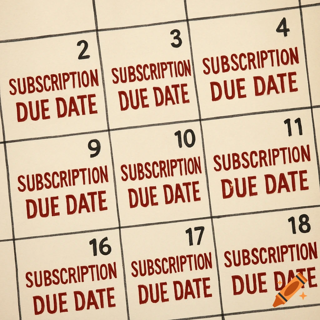 Close up of a calendar page showing multiple 'Subscription Due Date ...
