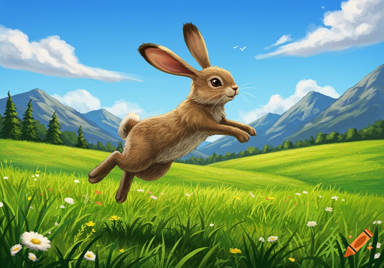 A cute rabbit leaps through a green field with mountains in the ...
