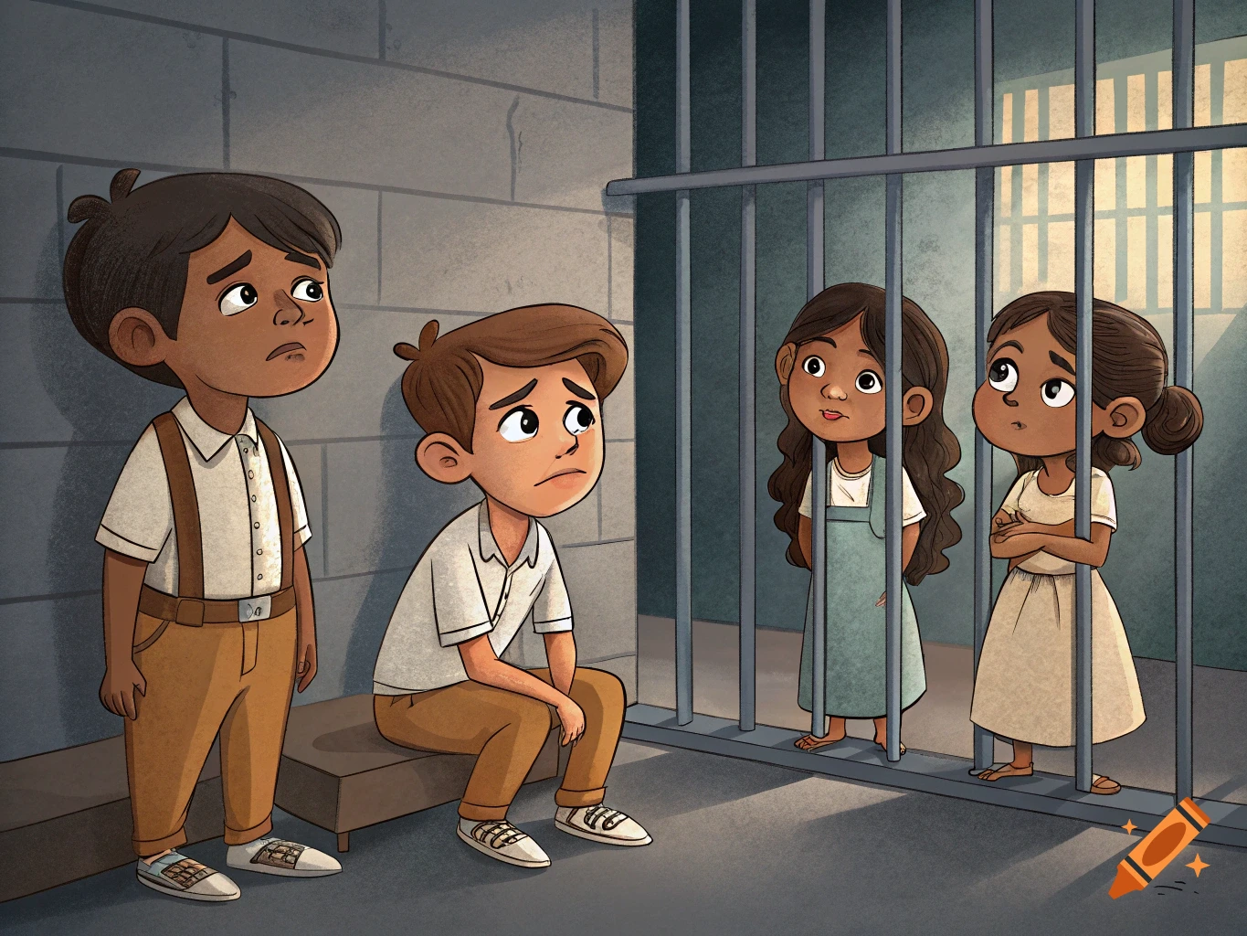 Illustration of four sad children, two outside a prison cell and two ...