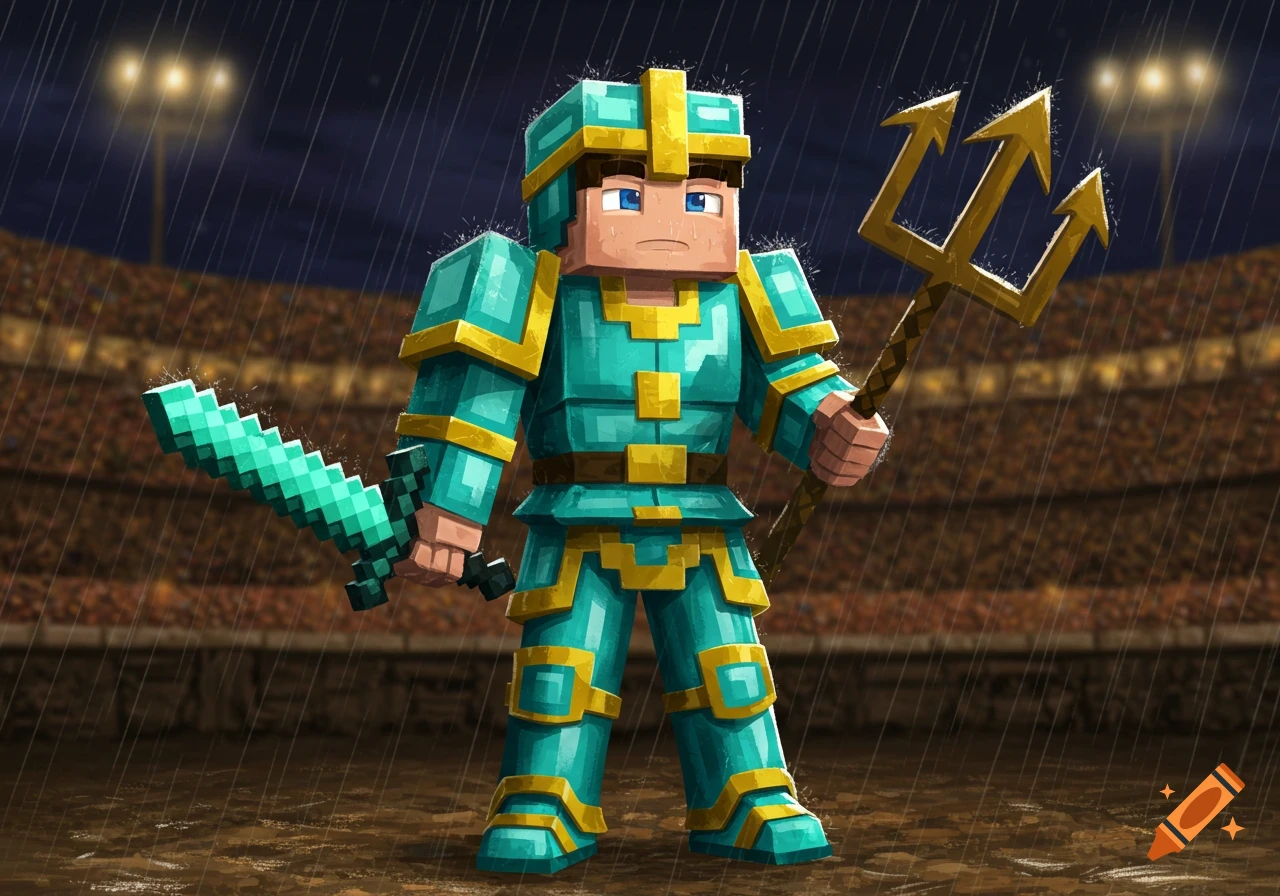 A Minecraft character in turquoise and gold armor stands in a rainy ...