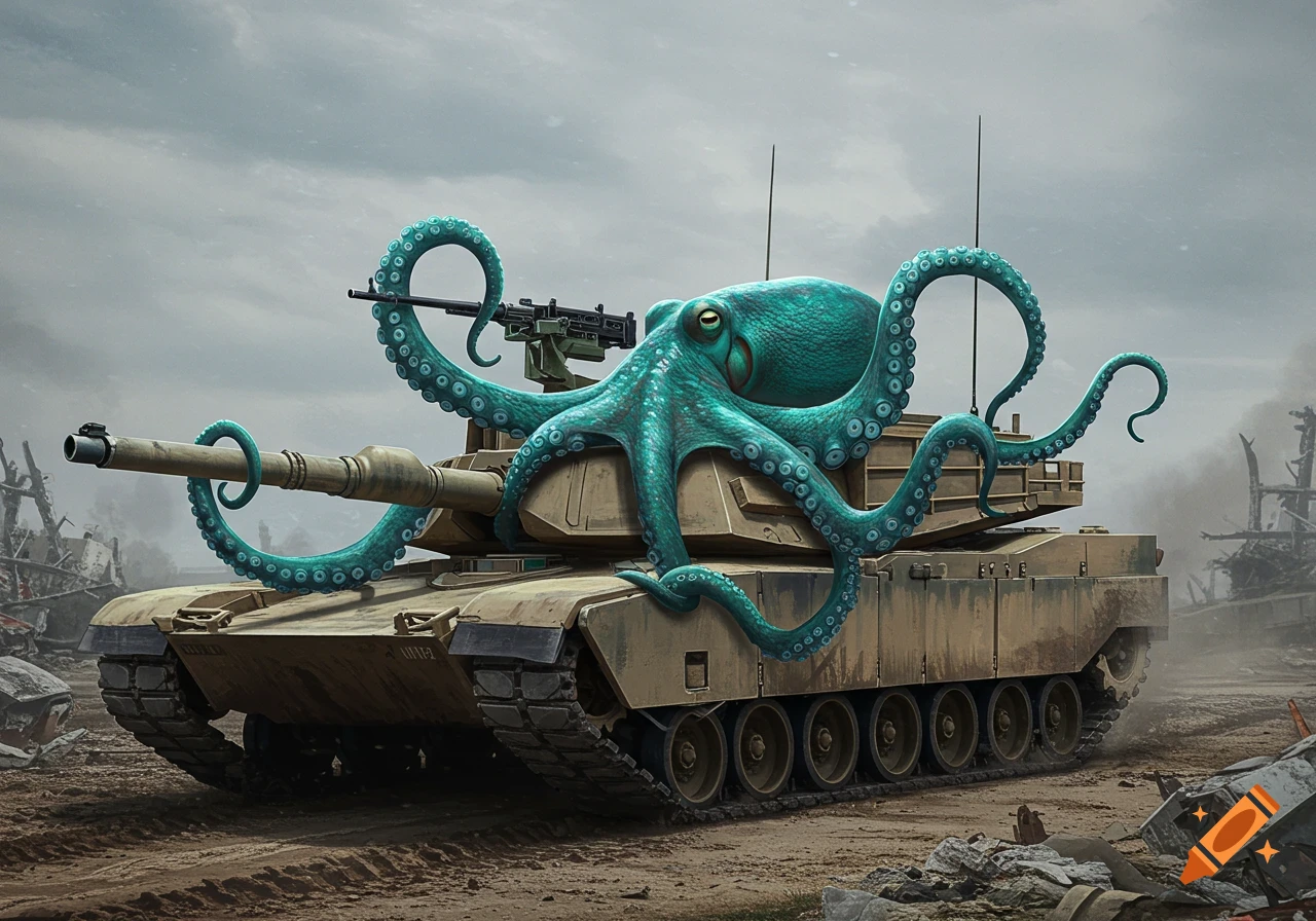 A blue octopus sits on an Abrams tank in a warzone, holding a machine ...