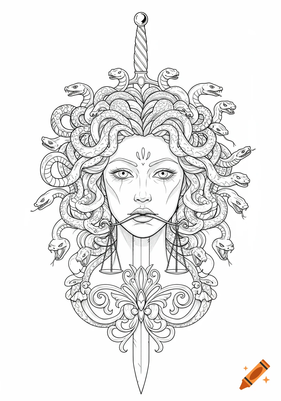 Line art portrait of Medusa with snakes for hair, a sword, and scales ...