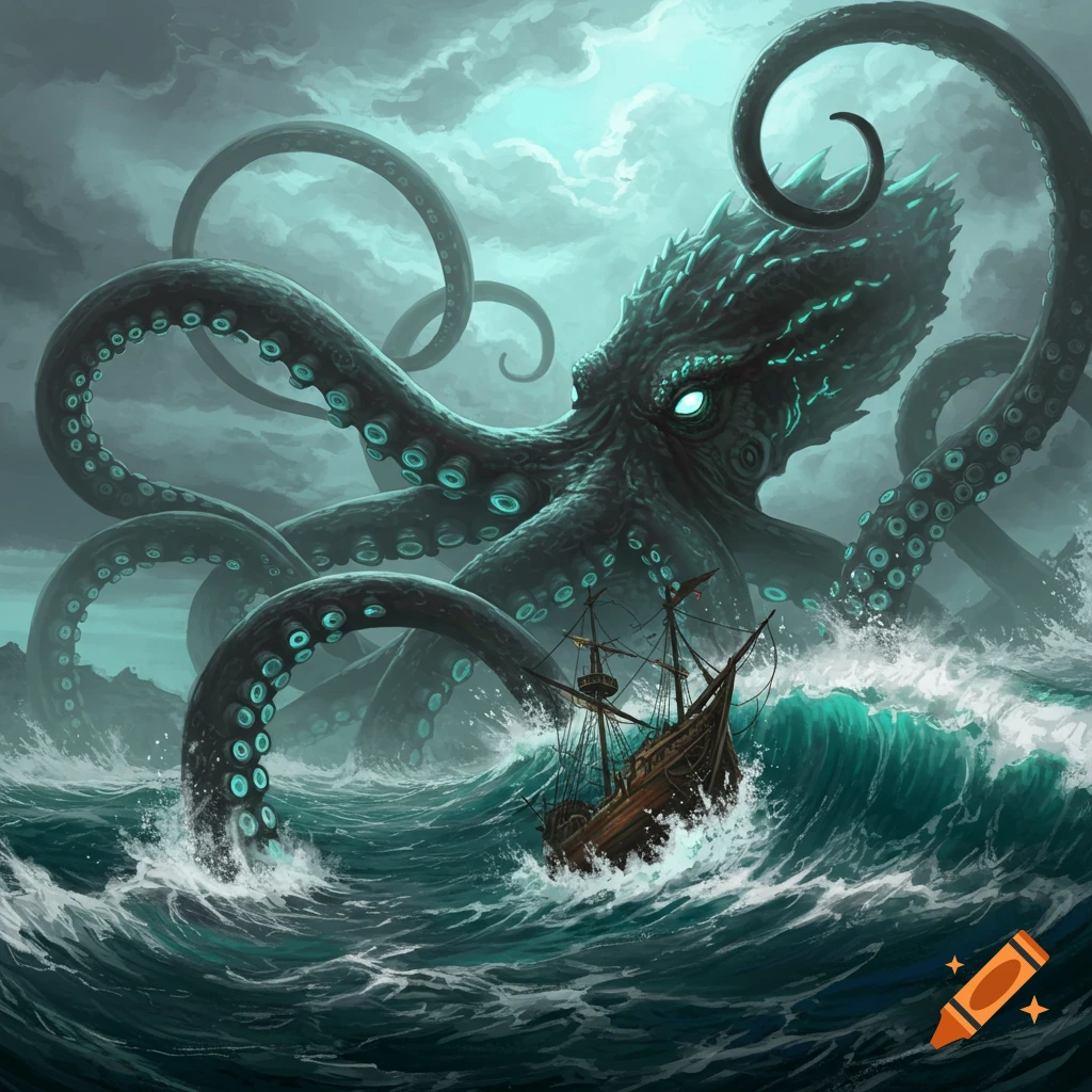 Giant kraken emerges from stormy sea to attack a sailing ship, digital painting. on Craiyon