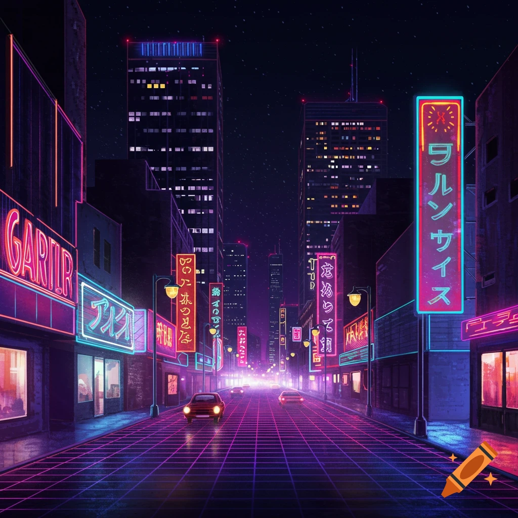 Retrowave cityscape at night with neon signs and cars. on Craiyon