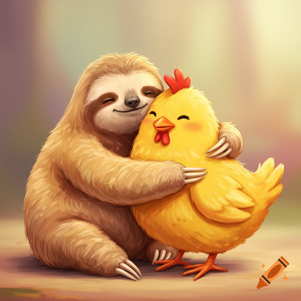 Cartoon sloth and yellow chicken hugging. on Craiyon