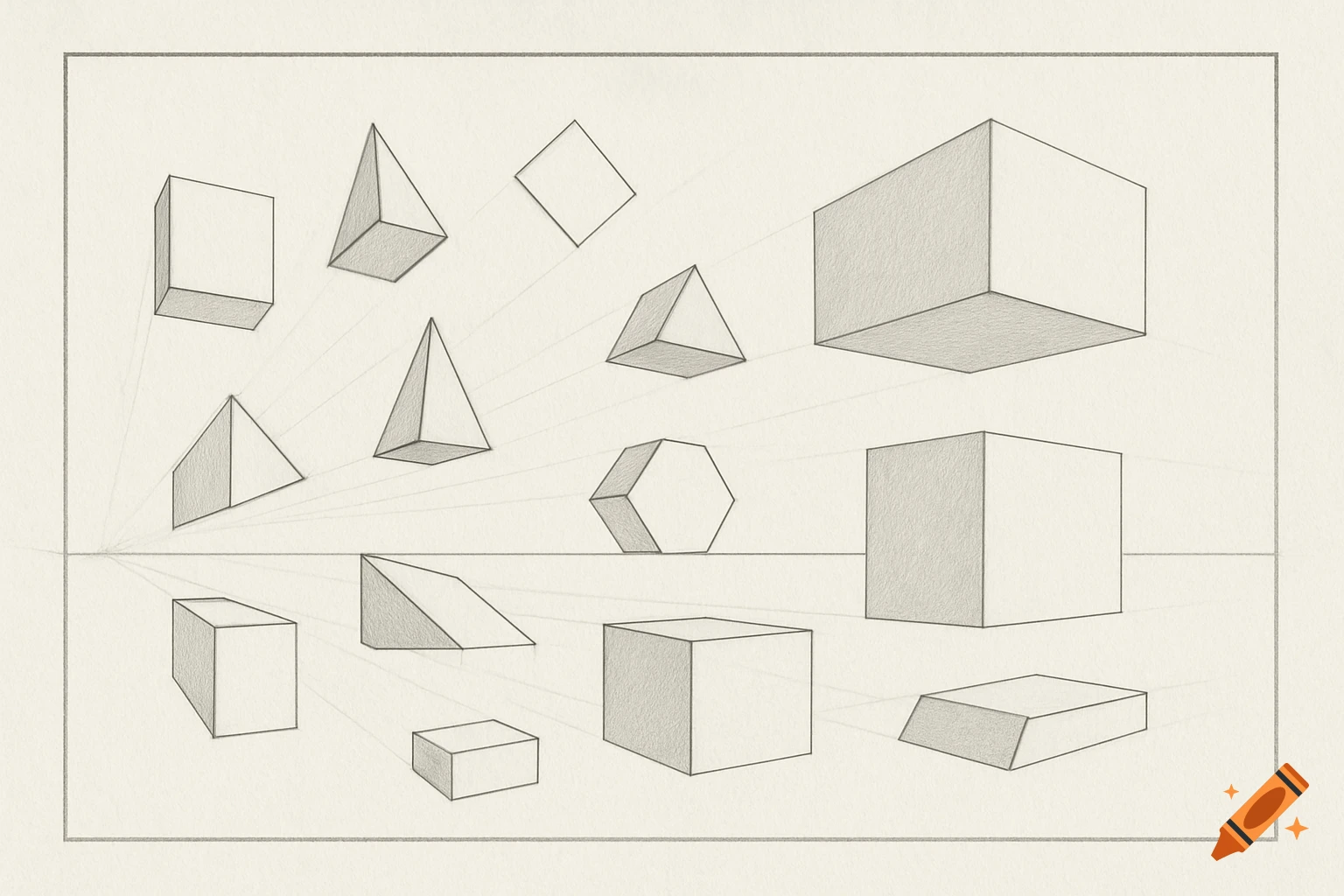 Pencil drawing illustrating one-point perspective with various ...