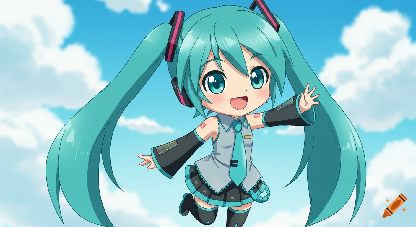 A happy chibi Hatsune Miku floating in the sky with clouds. on Craiyon