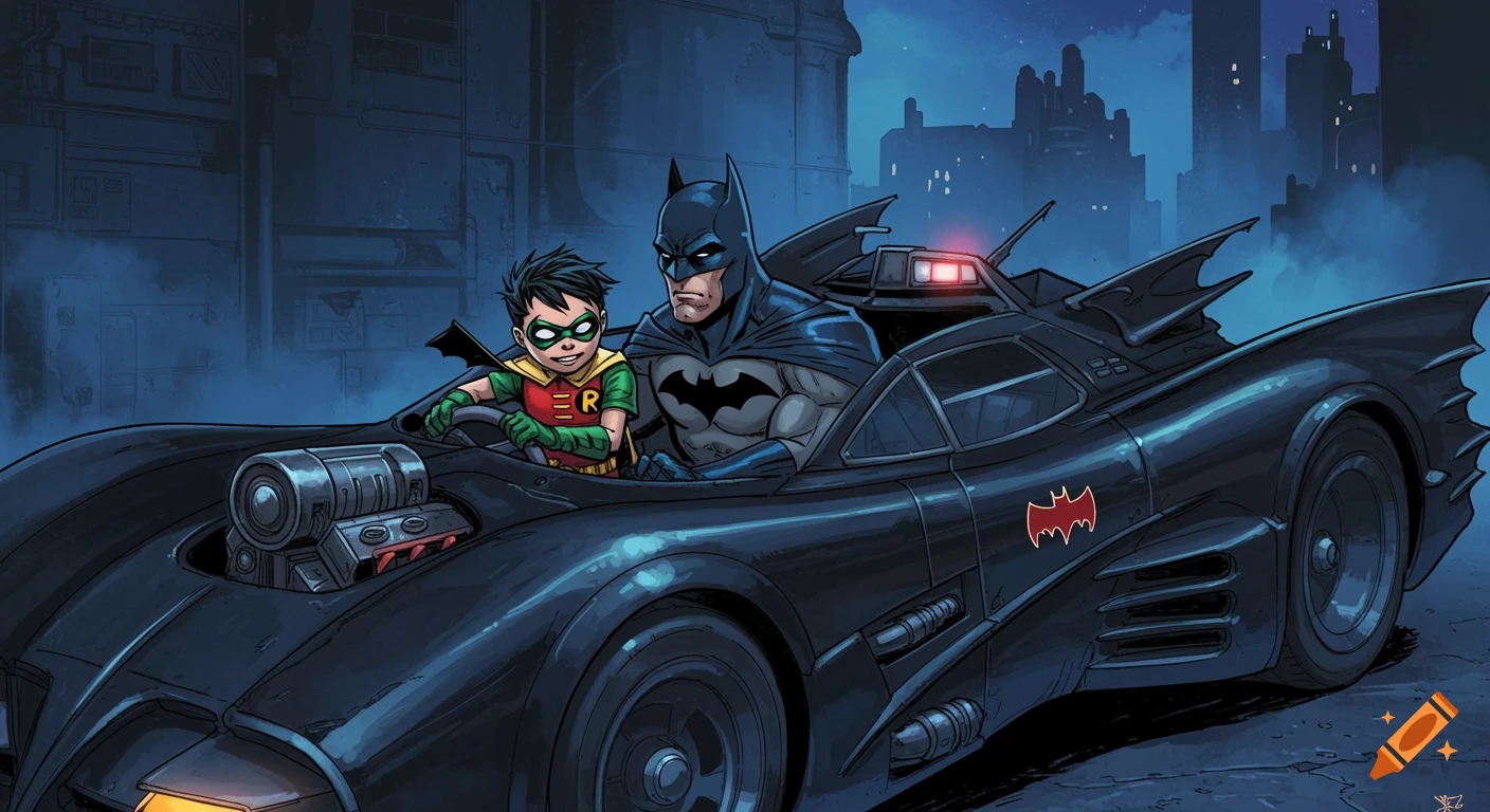 Batman and Robin drive the Batmobile through Gotham at night, comic art ...