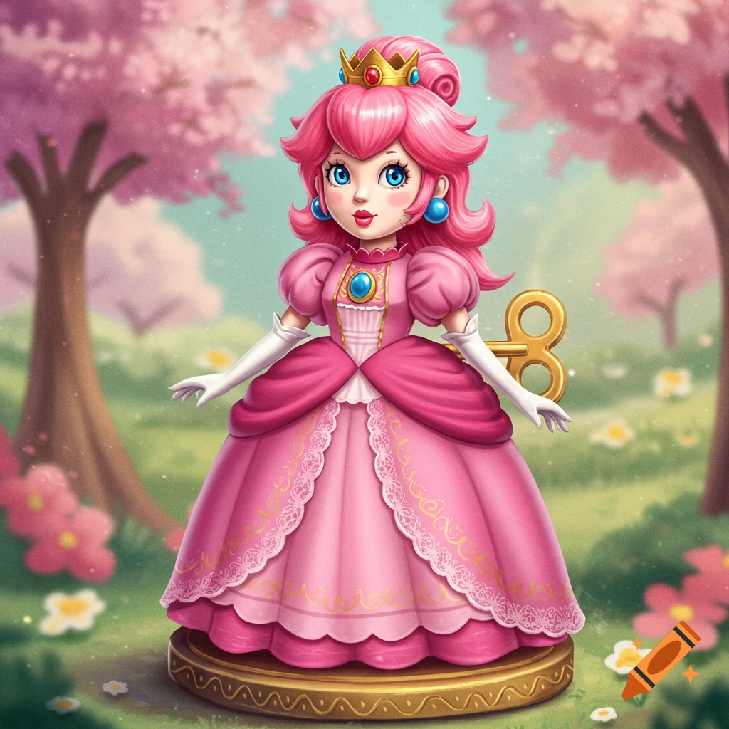 Wind-up doll of Princess Peach in a pink dress stands in a stylized ...