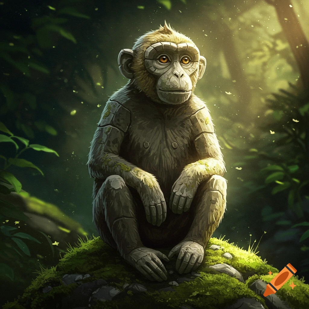 A stone statue of a monkey sits on a mossy rock in a sun-dappled jungle ...