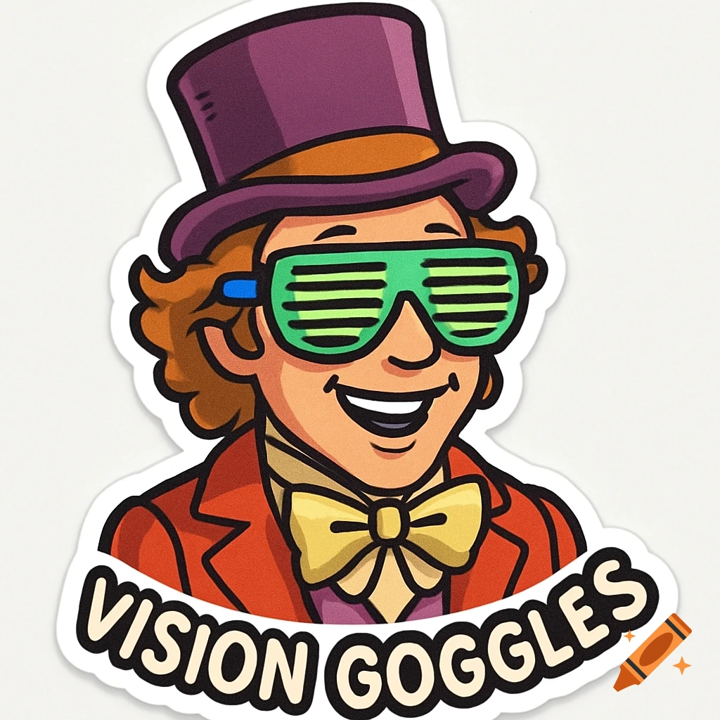 A cartoon sticker of a character resembling Willy Wonka wearing a top ...