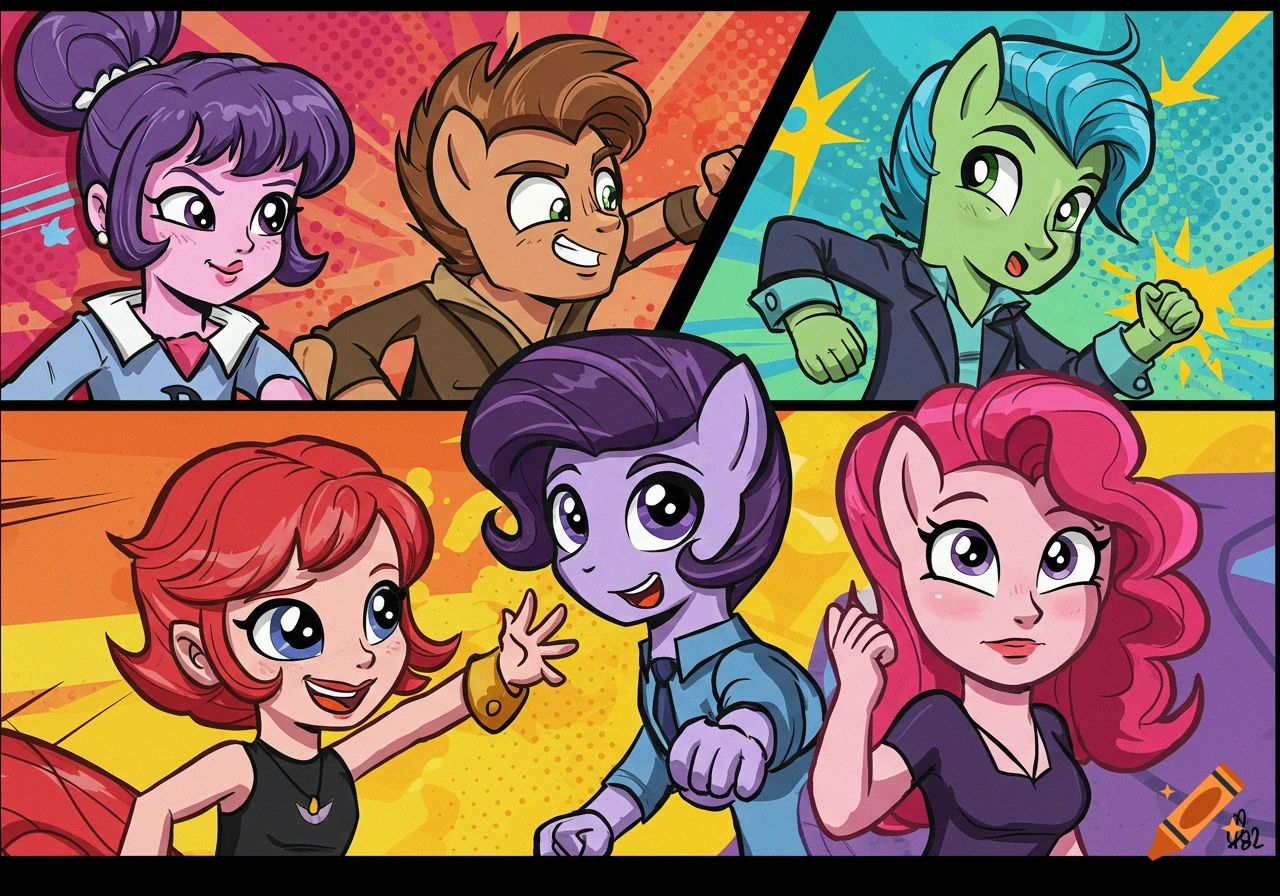 Six cartoon characters, some pony-like, in dynamic poses against ...