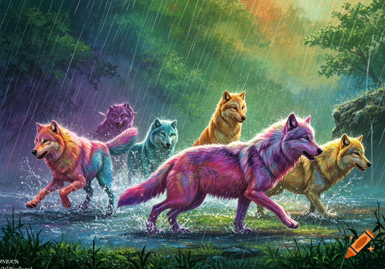 Rainbow-colored wolves run through a stream in the rain. on Craiyon