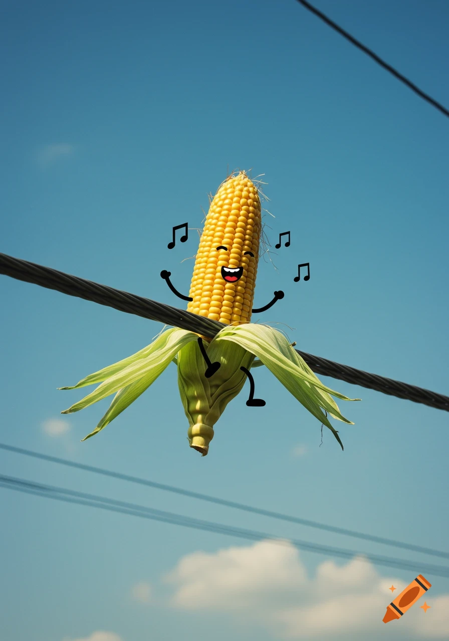 Cartoon corn cob character sitting on a wire, singing, with musical ...