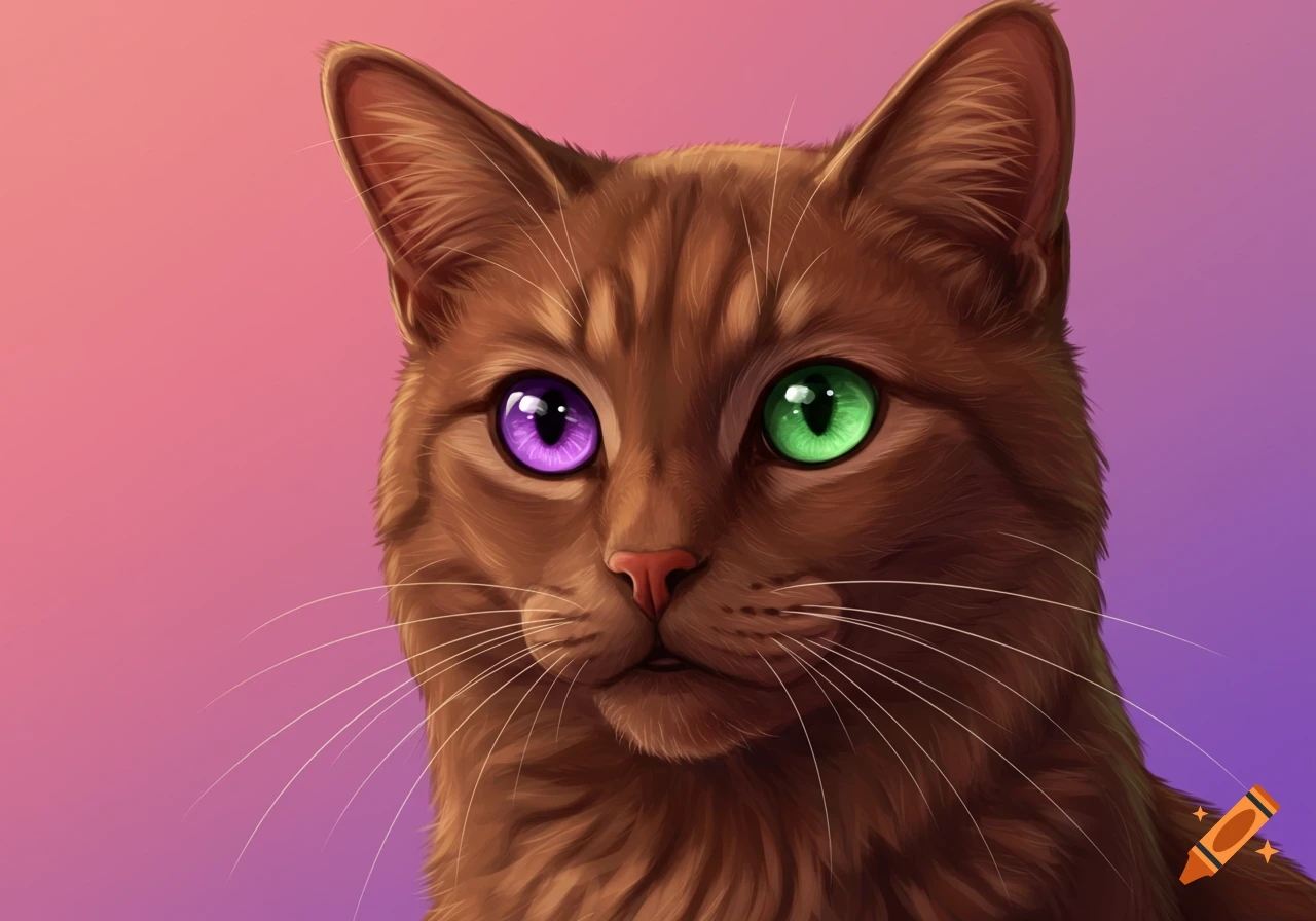 Close-up portrait of a brown tabby cat with a purple eye and a green ...