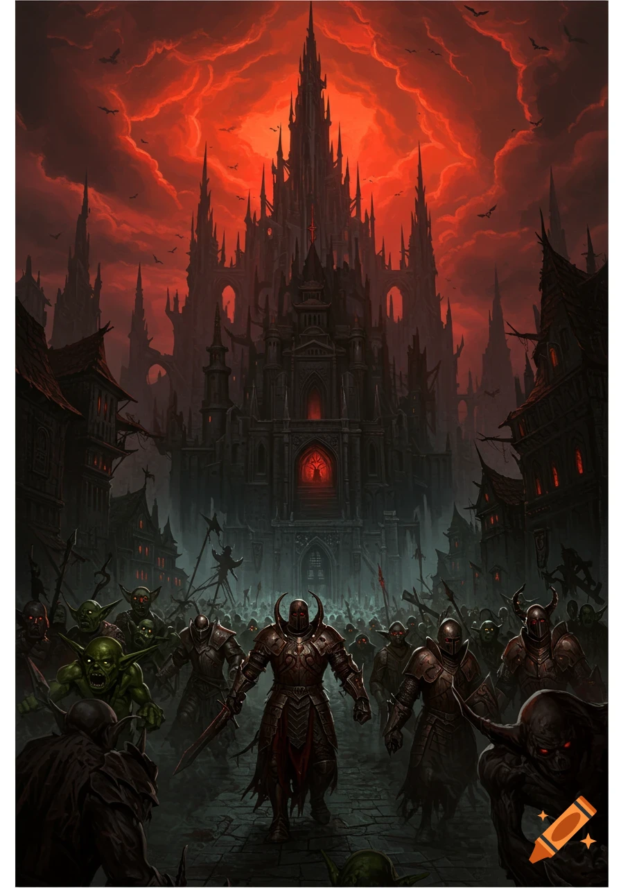 Dark fantasy illustration of a huge evil castle towering over an army ...