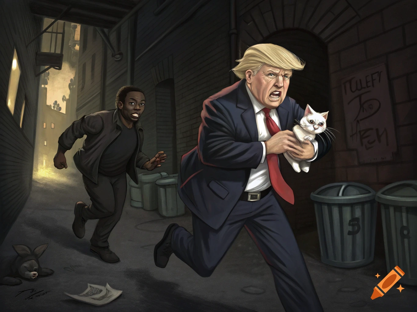 Cartoon of Donald Trump running through an alleyway holding a white cat ...