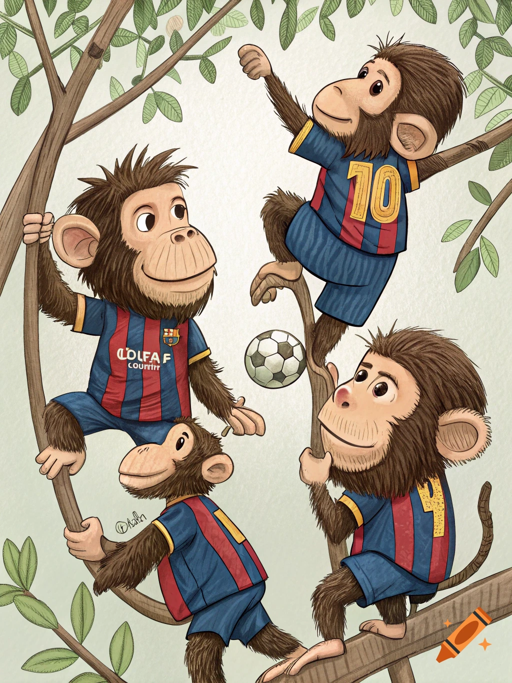 Cartoon monkeys wearing blue and red football kits climb trees with a ...