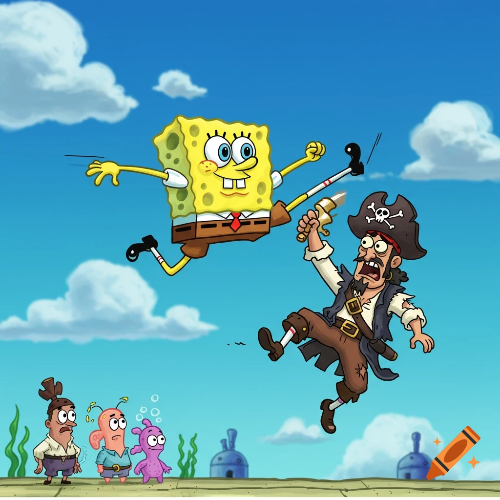 Spongebob Squarepants drop kicks a pirate in a cartoon style. on Craiyon
