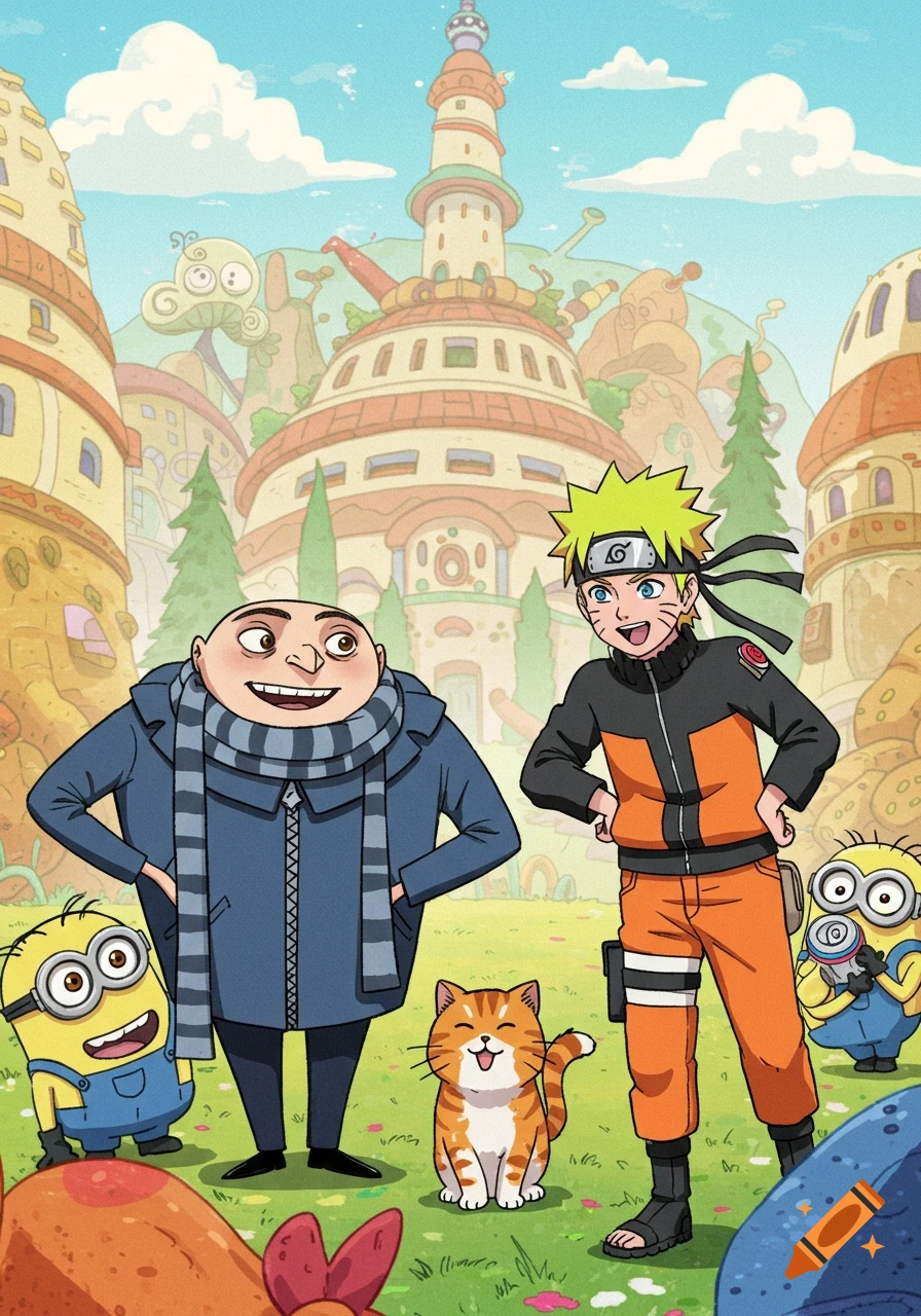 Cartoon image of Gru, Naruto, and two Minions with a cat in a whimsical ...