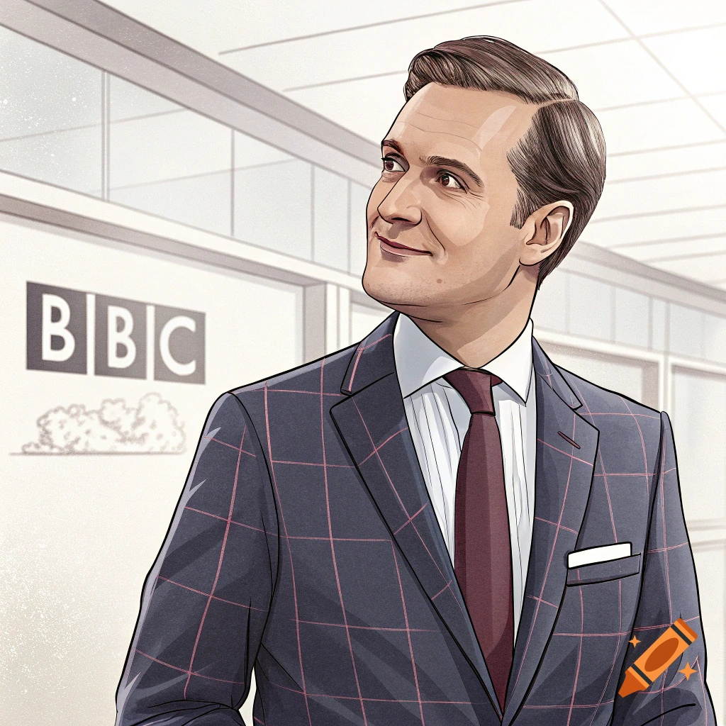 Illustration of a man in a suit in an office with a BBC logo. on Craiyon