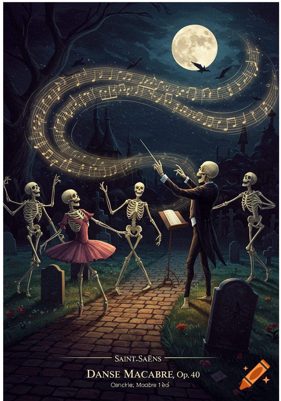 Skeletons dance and a skeleton conductor leads them in a graveyard ...