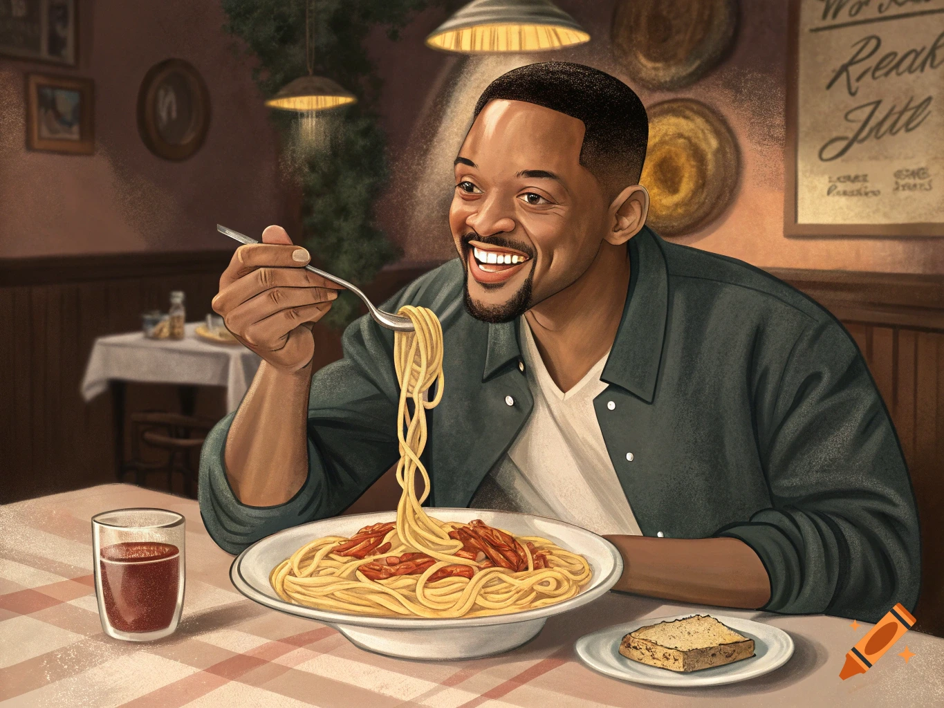 Painting of Will Smith smiling and eating spaghetti in a restaurant. on ...