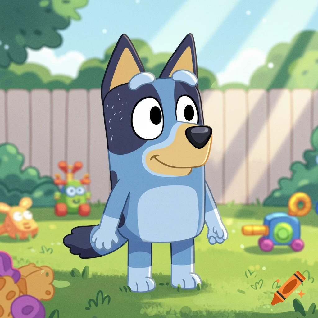 Bluey cartoon character stands in a sunny backyard with toys. on Craiyon