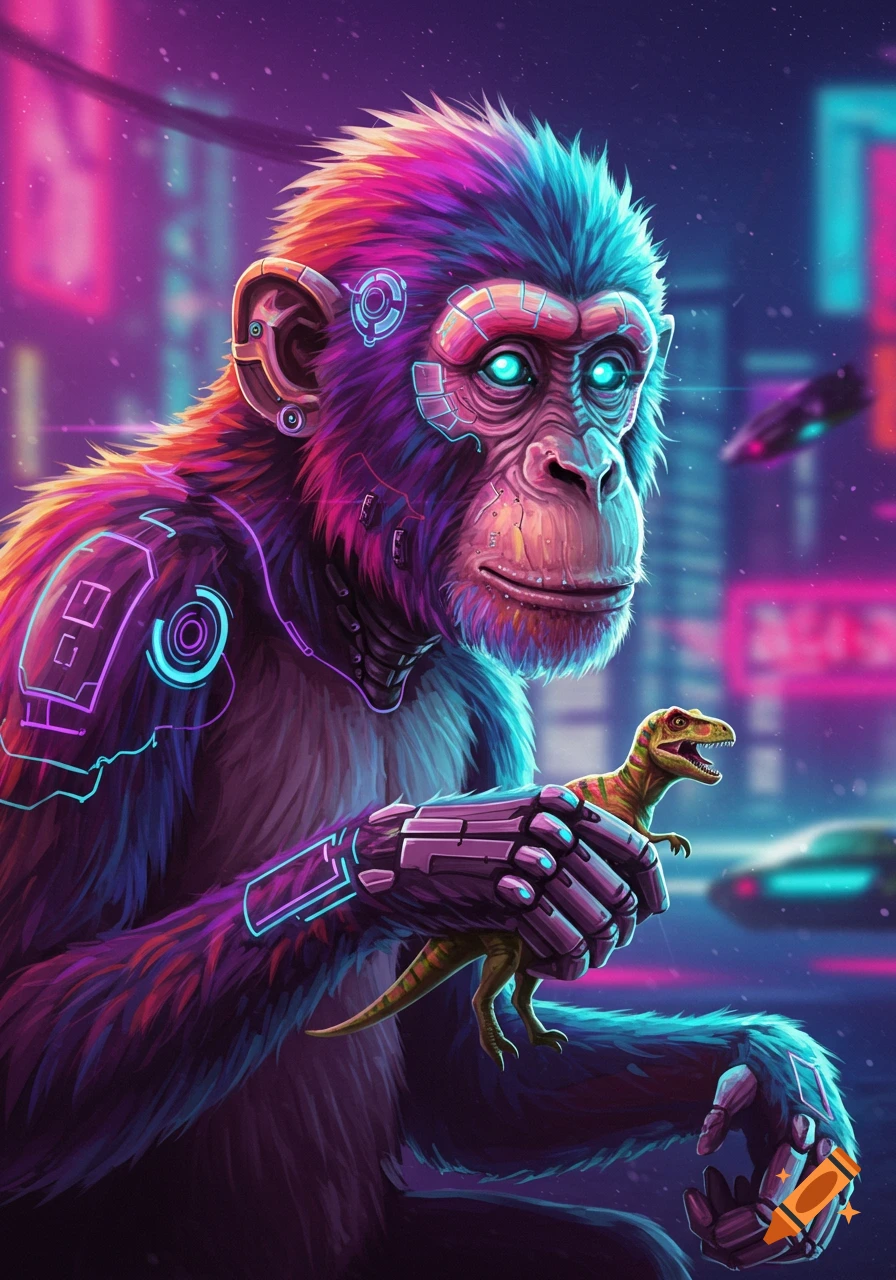 Cybernetic monkey holds a dinosaur toy in a neon cyberpunk city on Craiyon