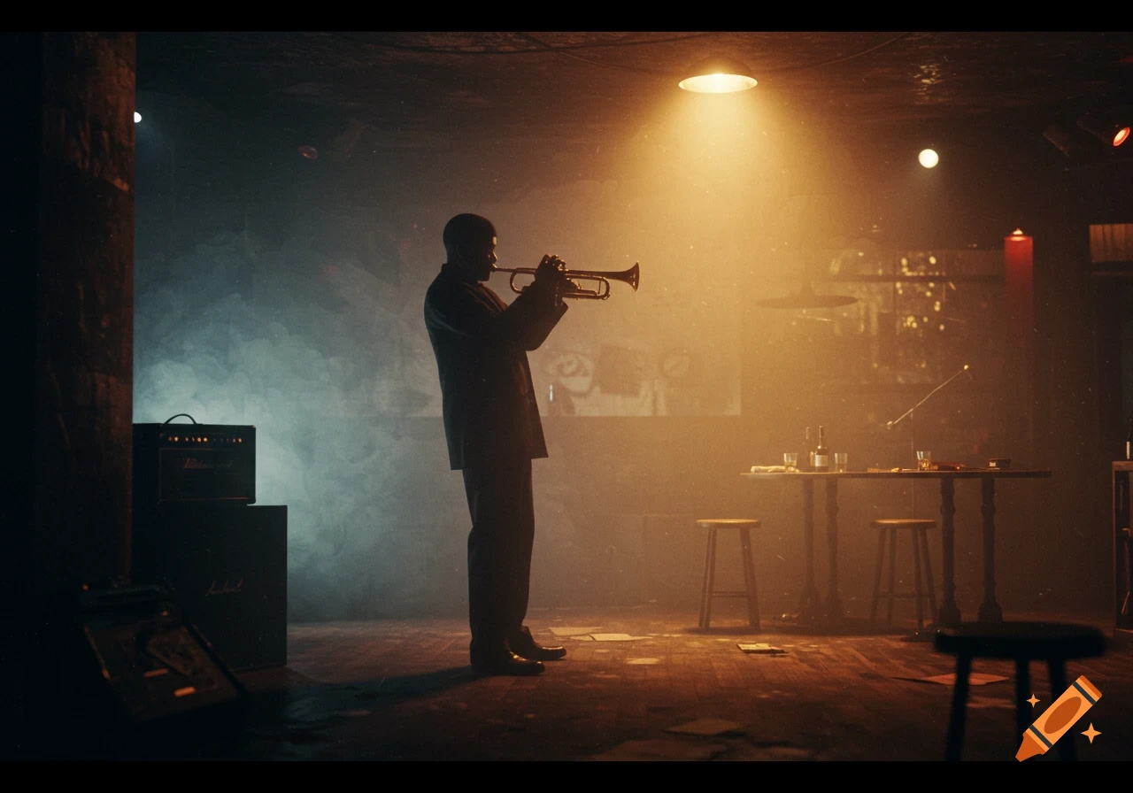 A lone trumpet player in a dimly lit, smoky jazz club with artistic ...