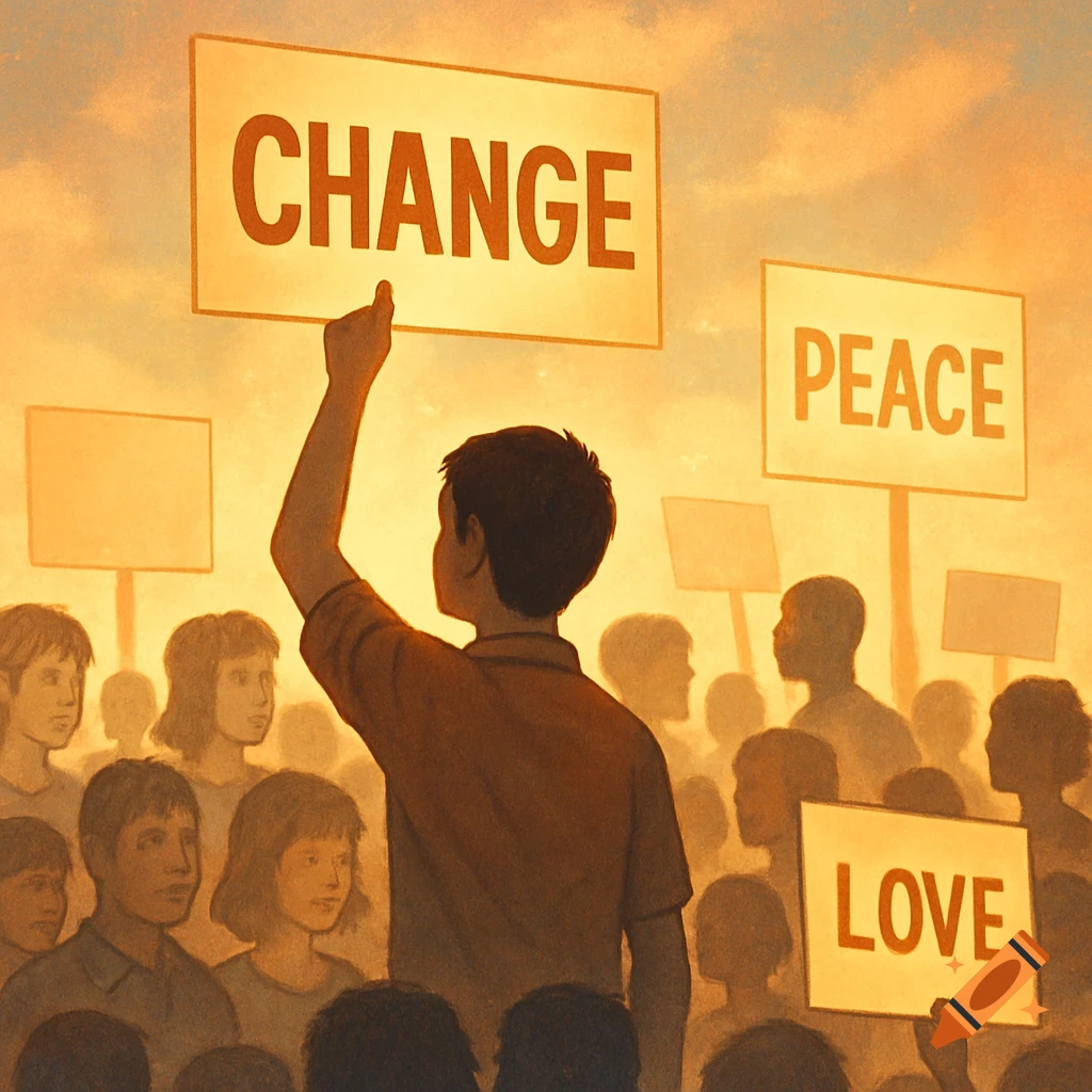 Digital illustration of a crowd holding signs saying CHANGE, PEACE ...