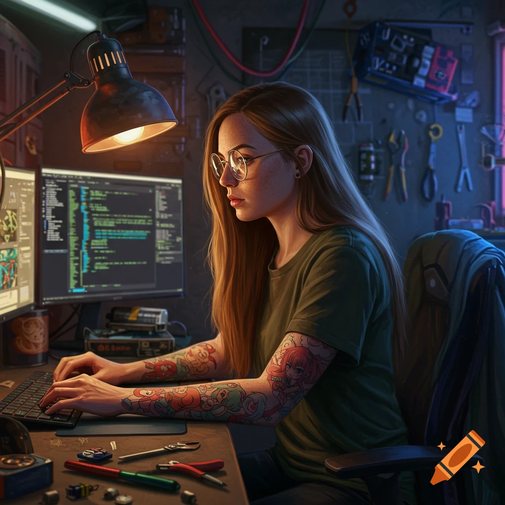 A woman with tattoos and glasses codes at computers in a neon-lit cyberpunk room. on Craiyon