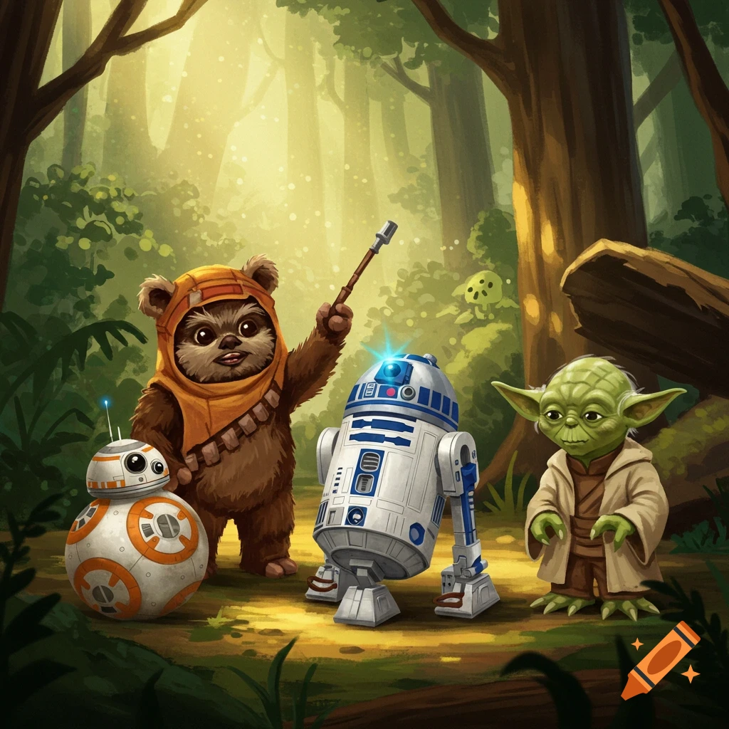 Illustration of an Ewok, R2D2, BB8, and Yoda in a forest. on Craiyon