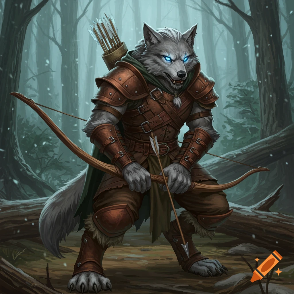 A grey werewolf in leather armor holds a bow and arrow in a snowy ...