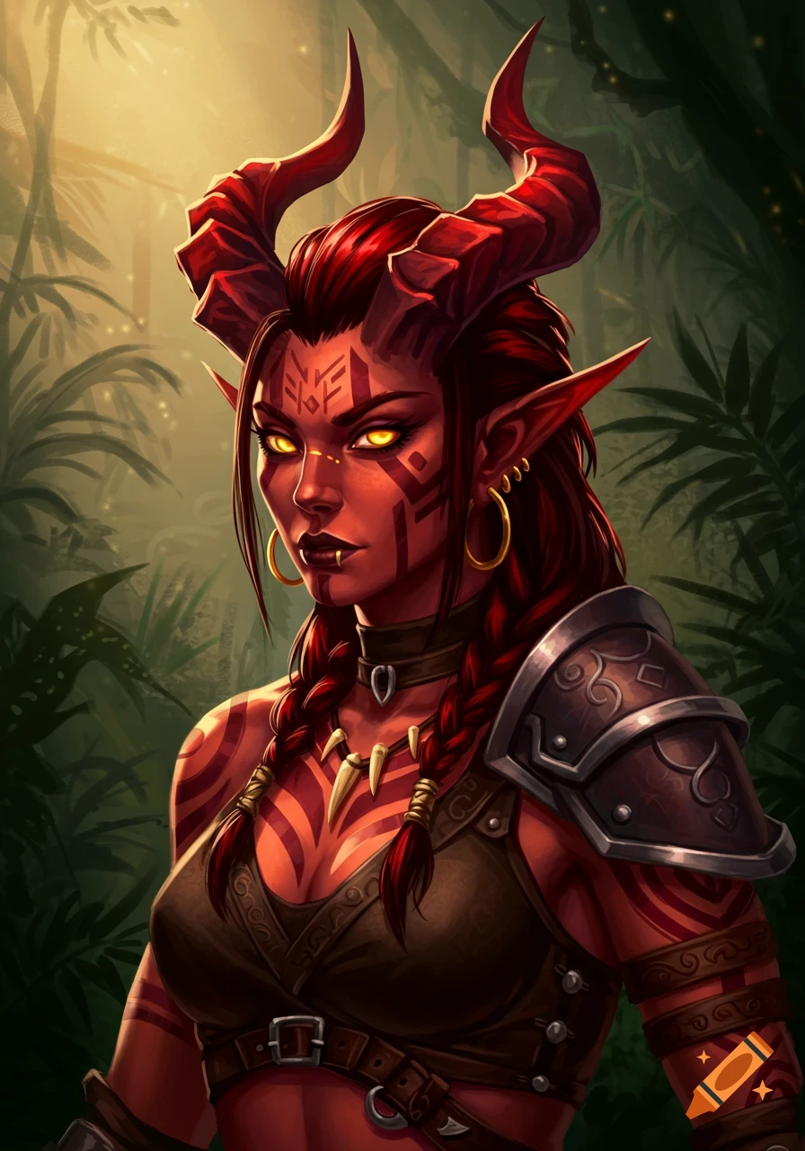 Digital painting of a red-skinned Tiefling barbarian woman with horns and tribal markings in a ...