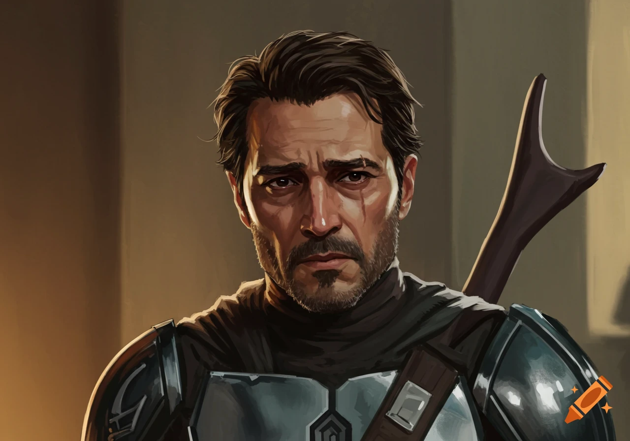 Digital painting of a man in Mandalorian armor without a helmet, with a ...
