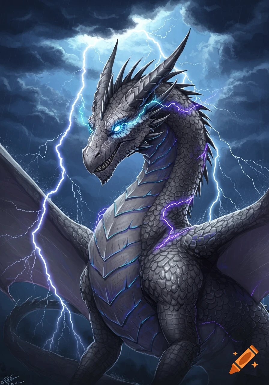 A grey fantasy dragon with glowing eyes and lightning strikes around it ...