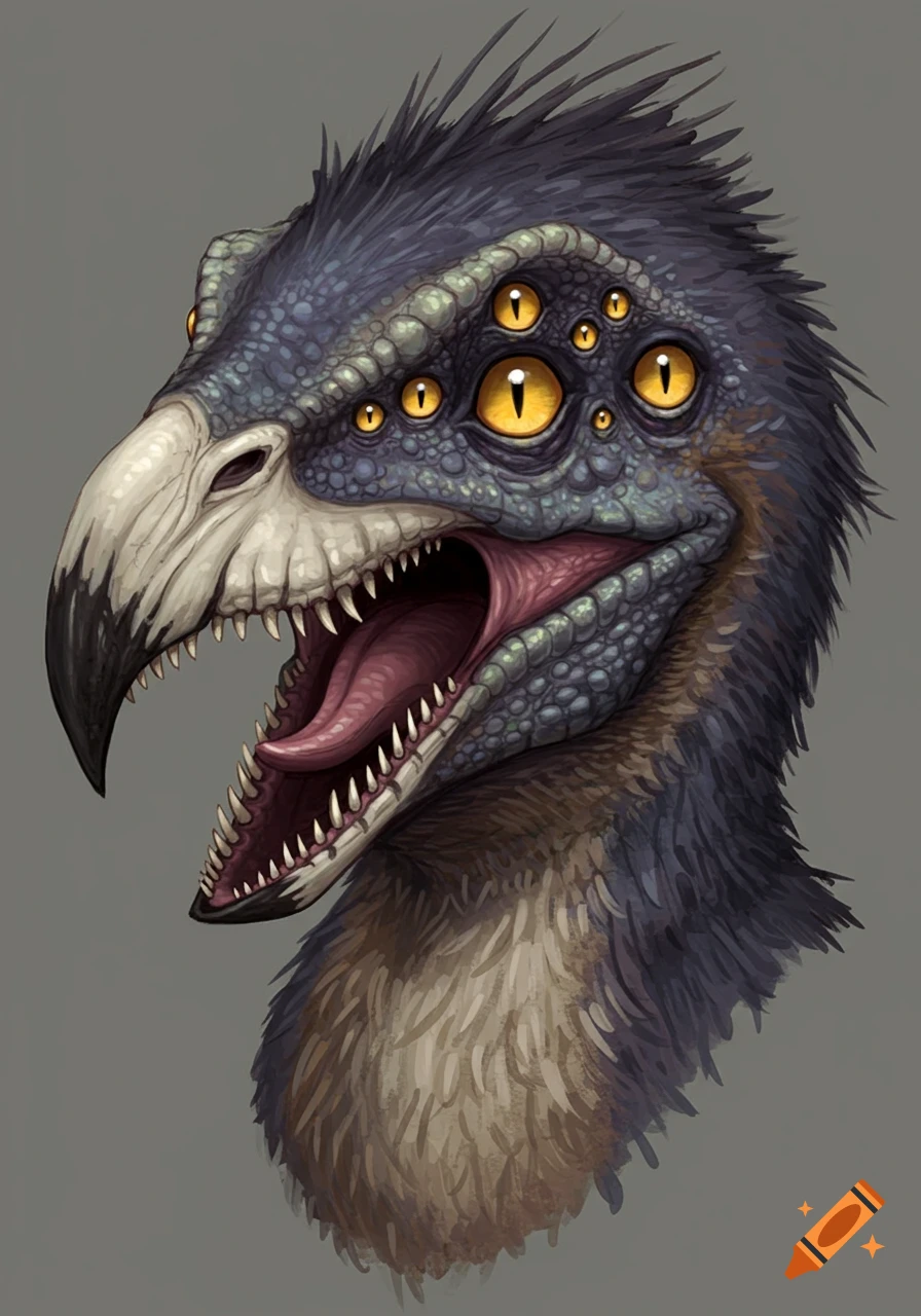 Close-up digital painting of a multi-eyed feathered creature head with ...