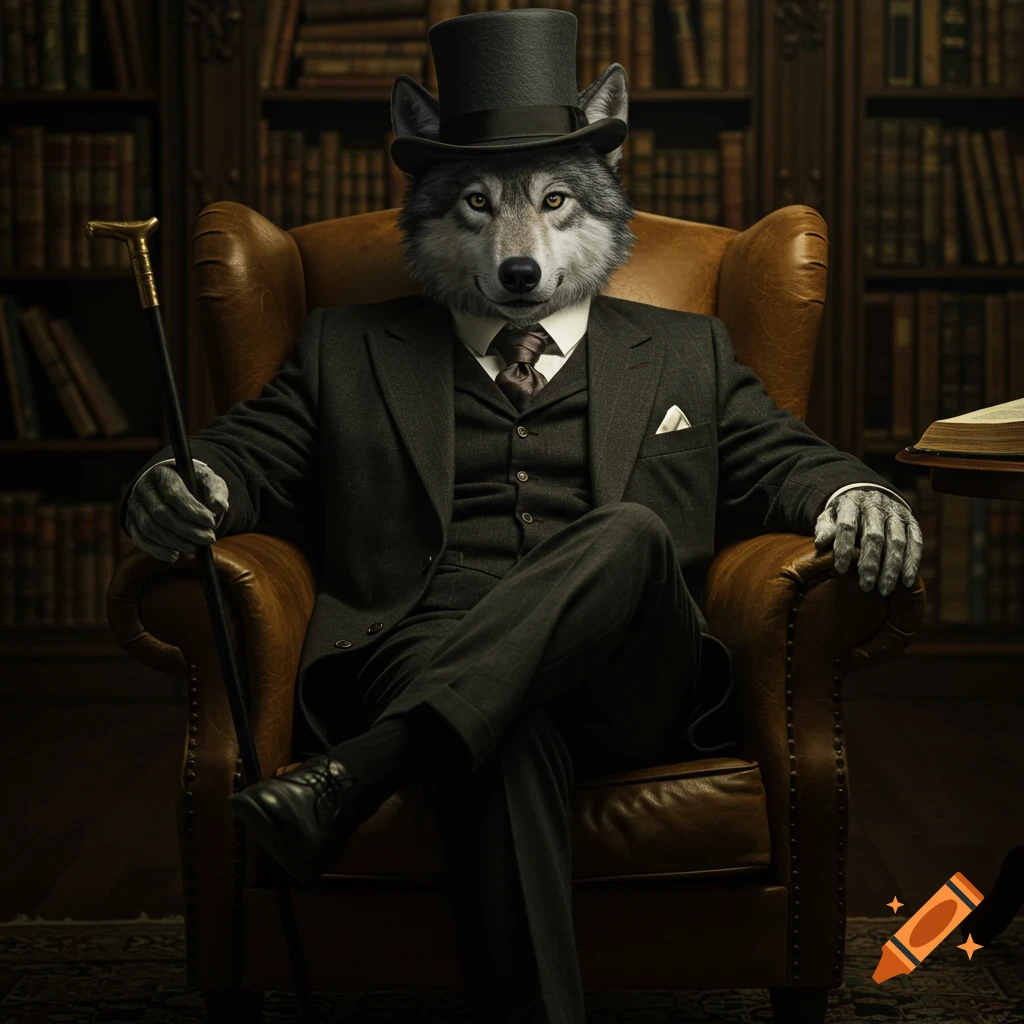 A dapper wolf in a suit and top hat sits in a leather armchair in a library. on Craiyon