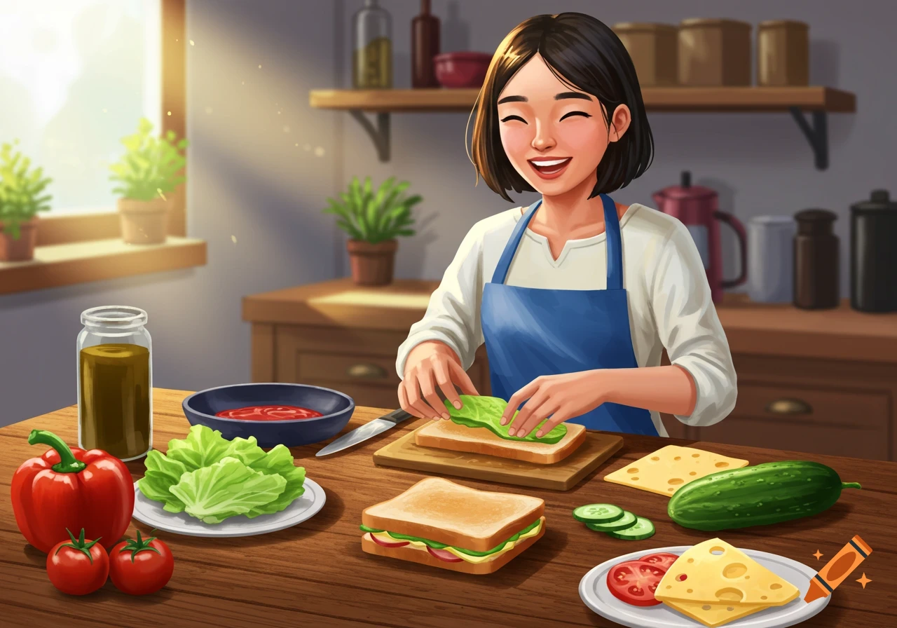 An illustration of a woman making a sandwich in a sunny kitchen. on Craiyon