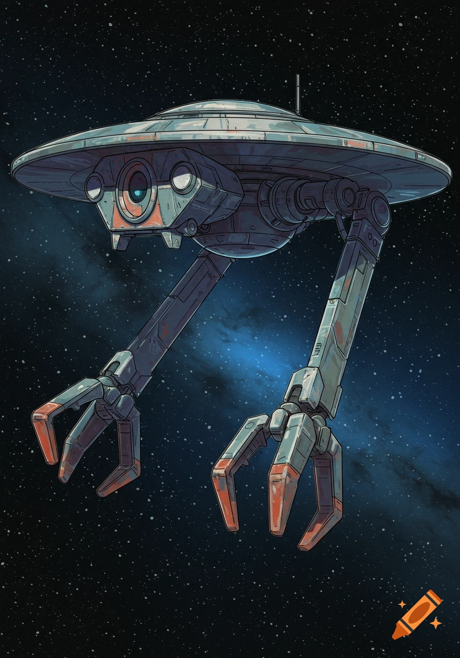 A floating robot with a disc-shaped body and clawed arms in space on ...