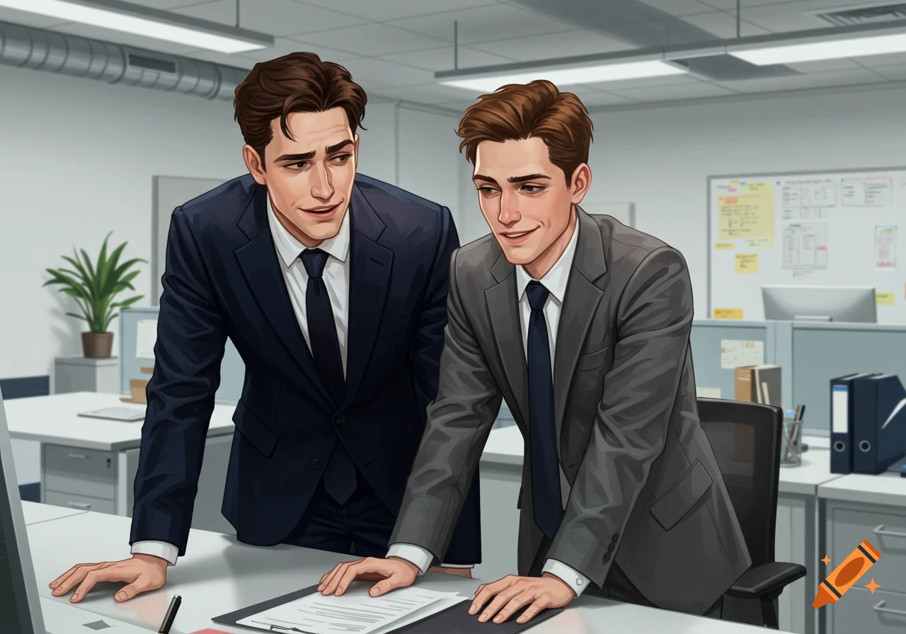 Two illustrated men in suits huddle over a document on a desk in an ...